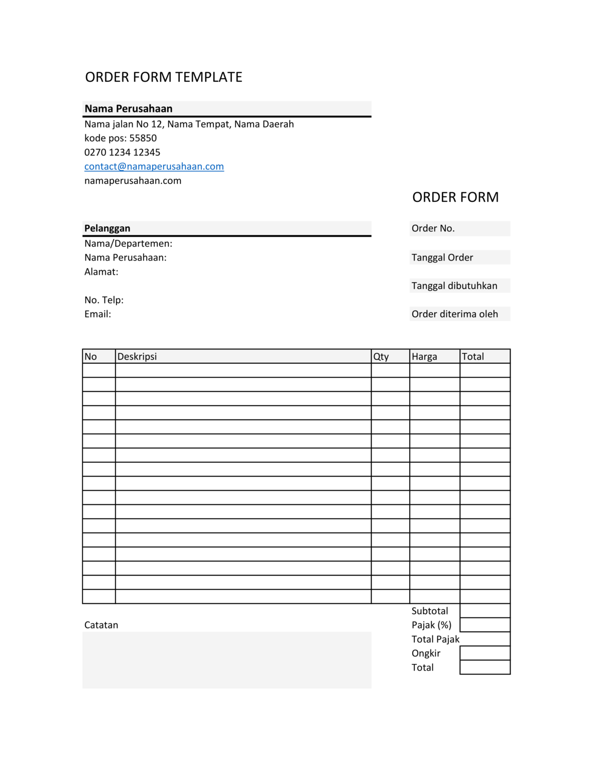 Contoh Order Form Template Gratis, Unduh di Sini! - Plugin Ongkos Kirim