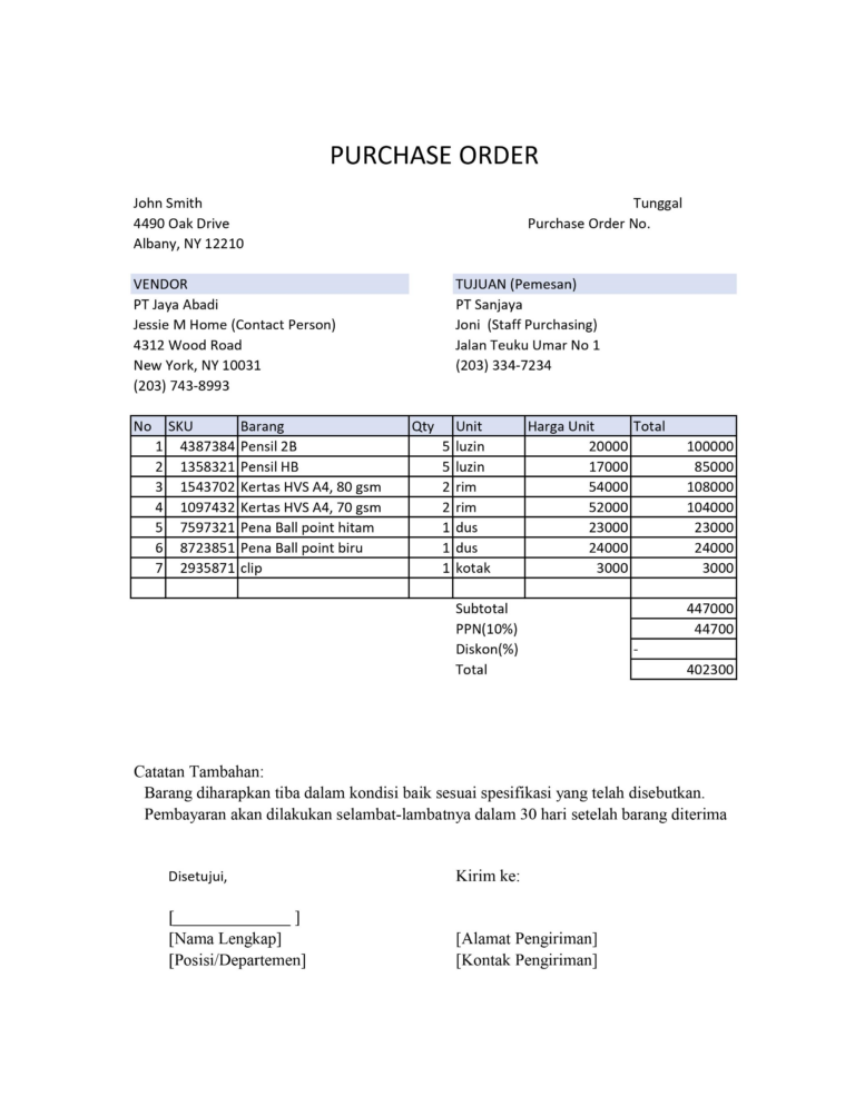 Download Purchase Order Template Gratis untuk Bisnis, [Excel & Word] - Plugin Ongkos Kirim