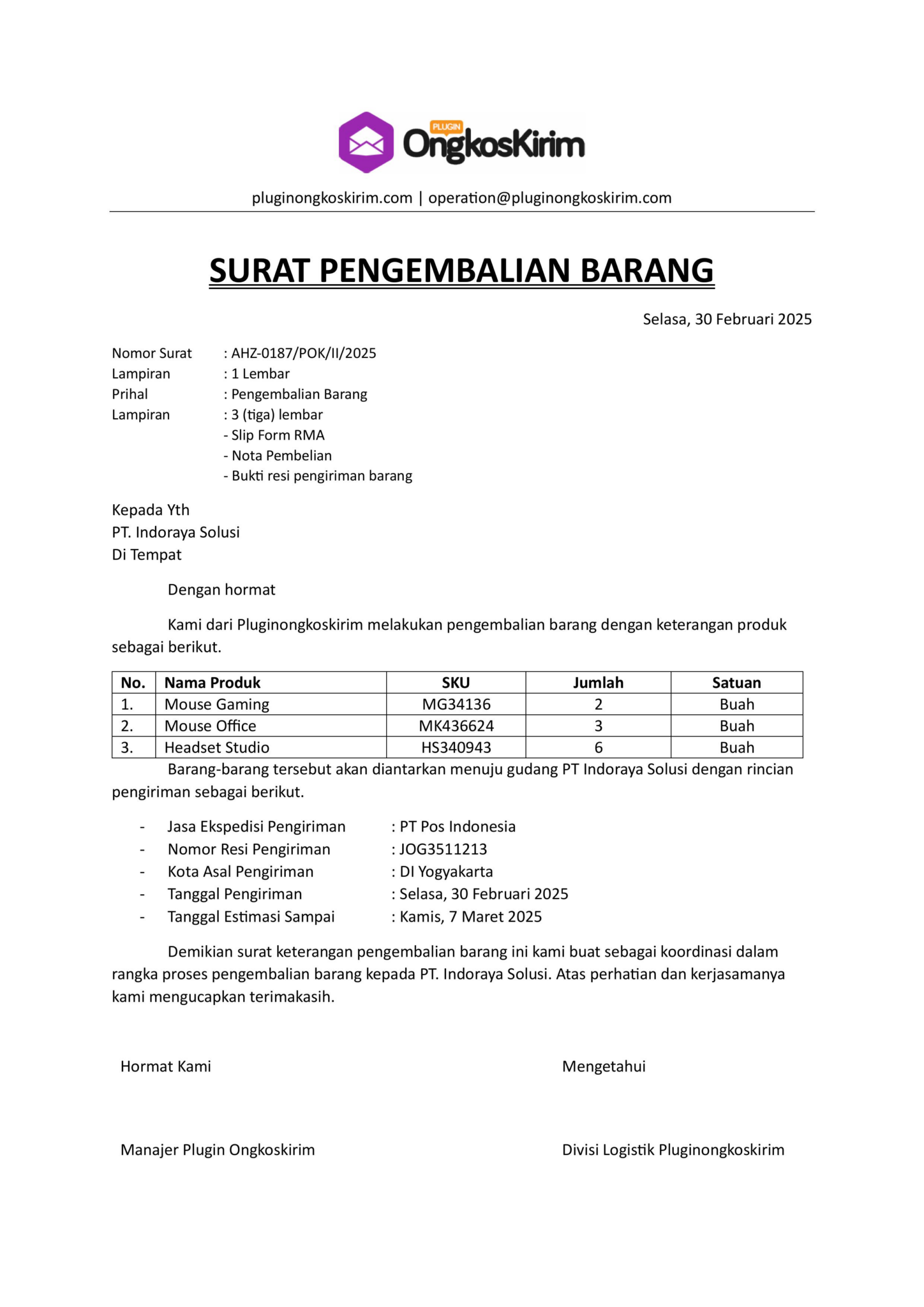 Contoh Surat Pengembalian Barang, Begini Templatenya - Plugin Ongkos Kirim